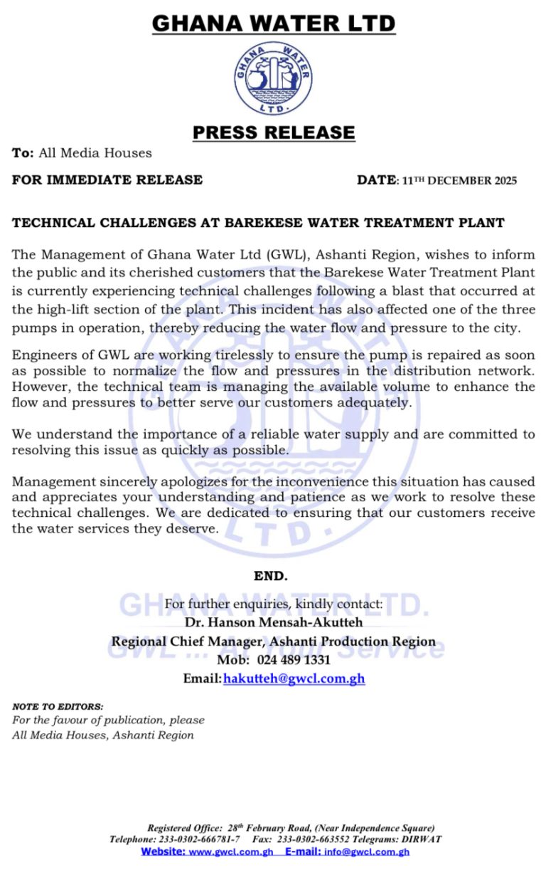 GWL:Barekese plant blast sparks urgent repairs, water supply hit ...