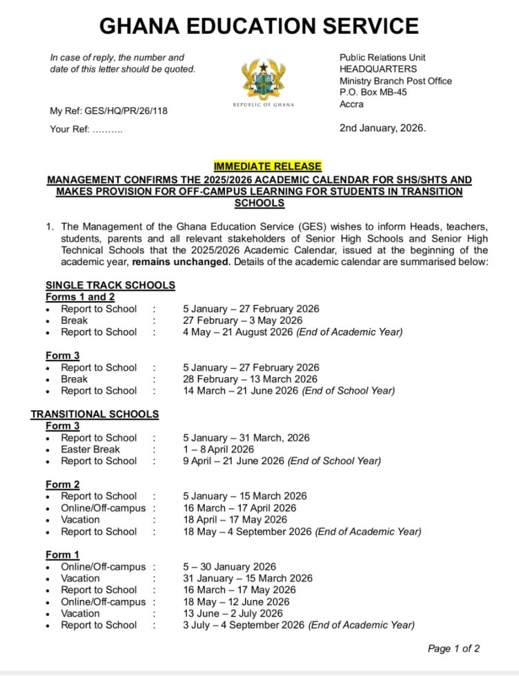 GES confirms 2025/2026 academic calendar for SHS, introduces off-campus ...